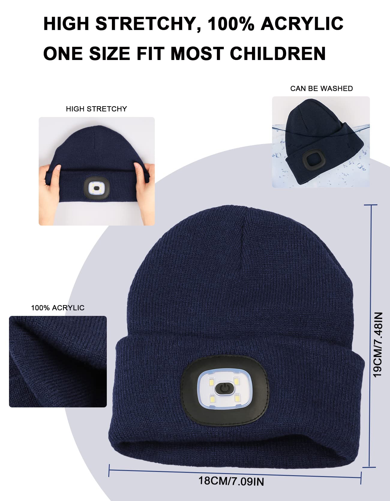 MELASA Unisex Kids LED Beanie, USB Rechargeable Hands Free Headlamp Hat, Night Flashlight Hat, Gifts for Kids Boys Black