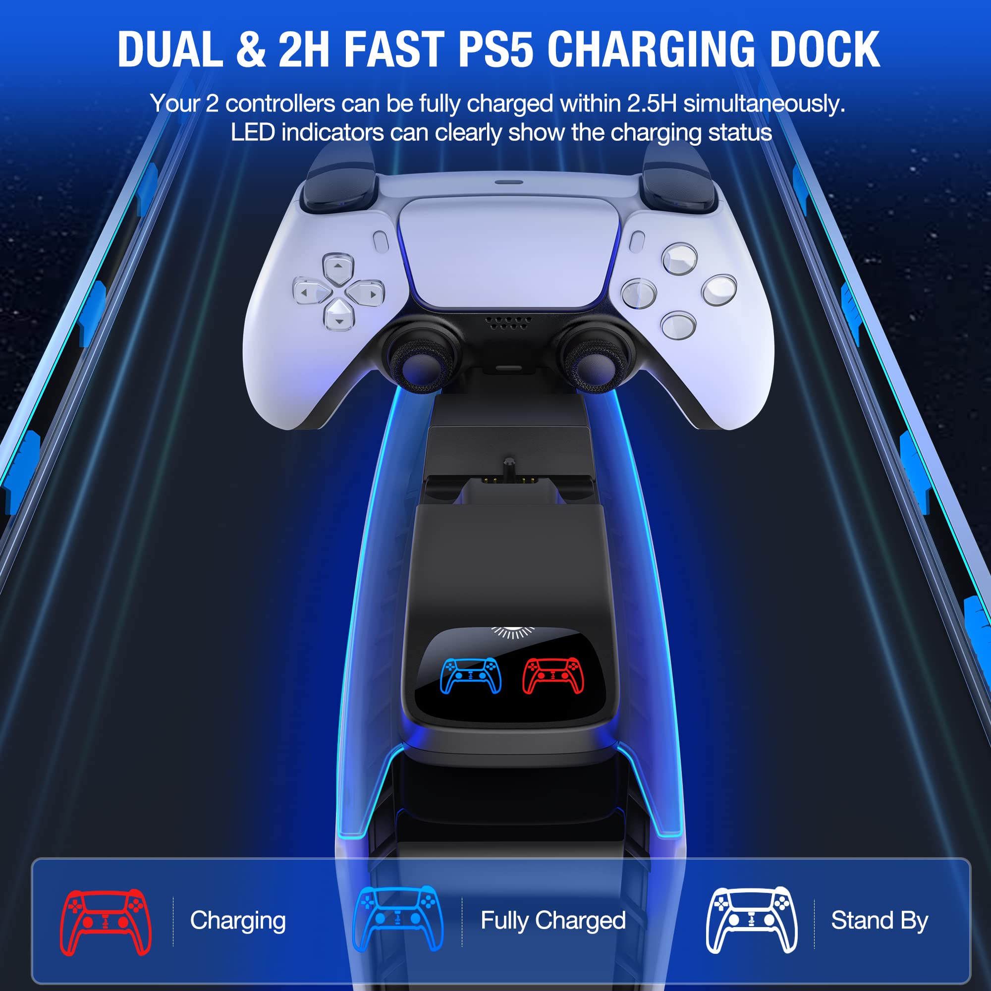 EXTREMECOOL PS5 Controller Charging Station for Dualsense, Dual PS5 Charging Station with RGB Light and Upgraded Touch Switch, PS5 Controller Accessories PS5 Controller Charger Dock on Top of Console
