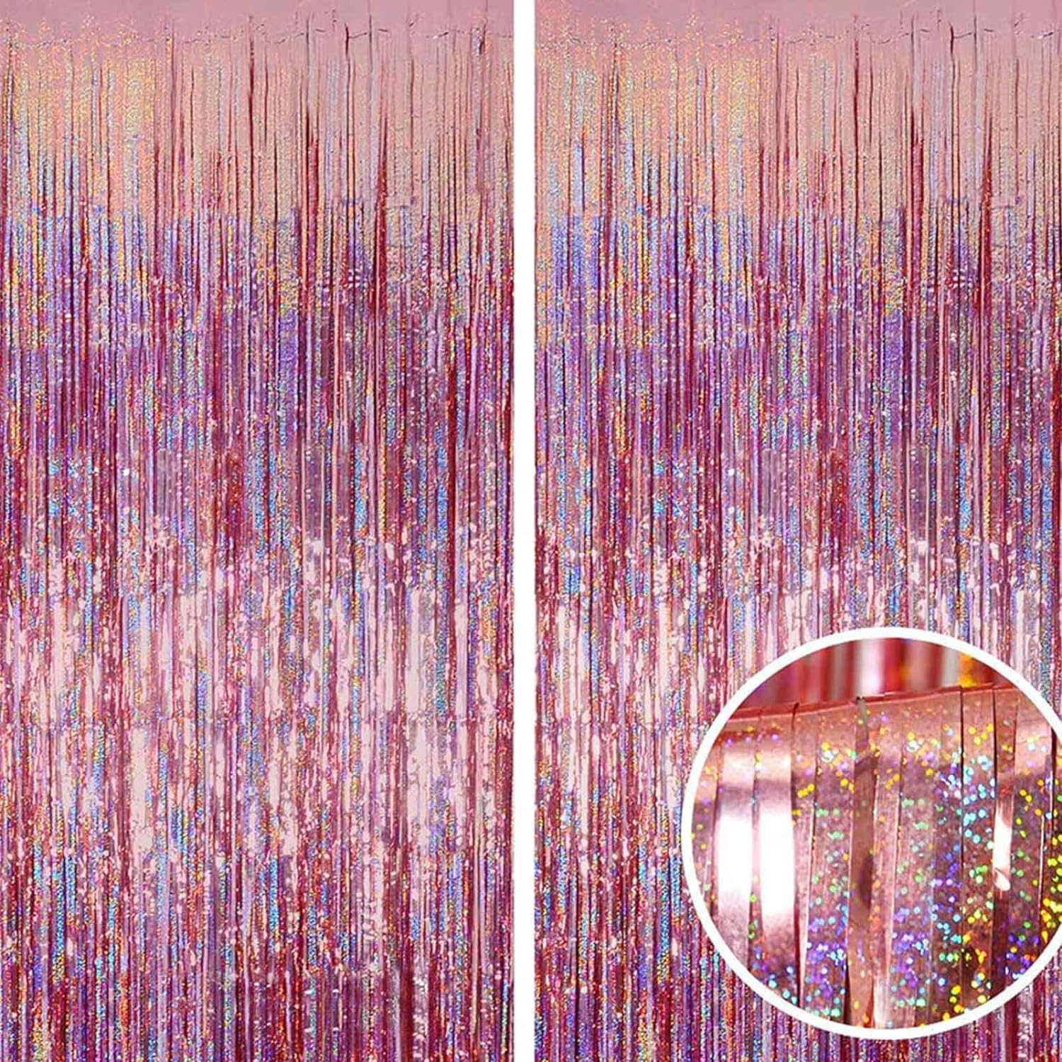 Nipeito-2 Packs Rose Gold Metallic Tinsel Foil Fringe Curtains-Glitter Foil Fringe Streamer Backdrop Curtain Door Streamers for Birthday Party Decorations,Engagement Party,Anniversary,Bridal Shower