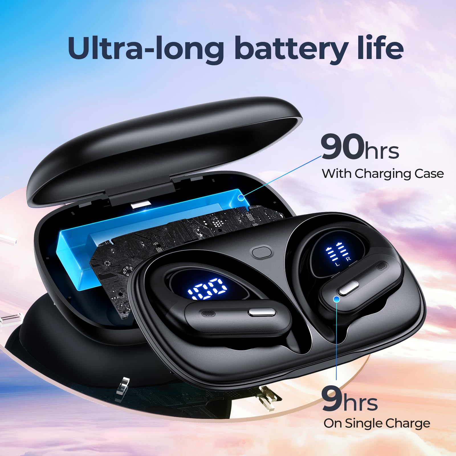 Wireless Earbuds Bluetooth 5.3 Headphones 90 Hrs Playtime Earbuds with Wireless Charging Case Power Display Over-Ear Earphones with Earhooks Waterproof Stereo Headset for Android Phone Workout Black