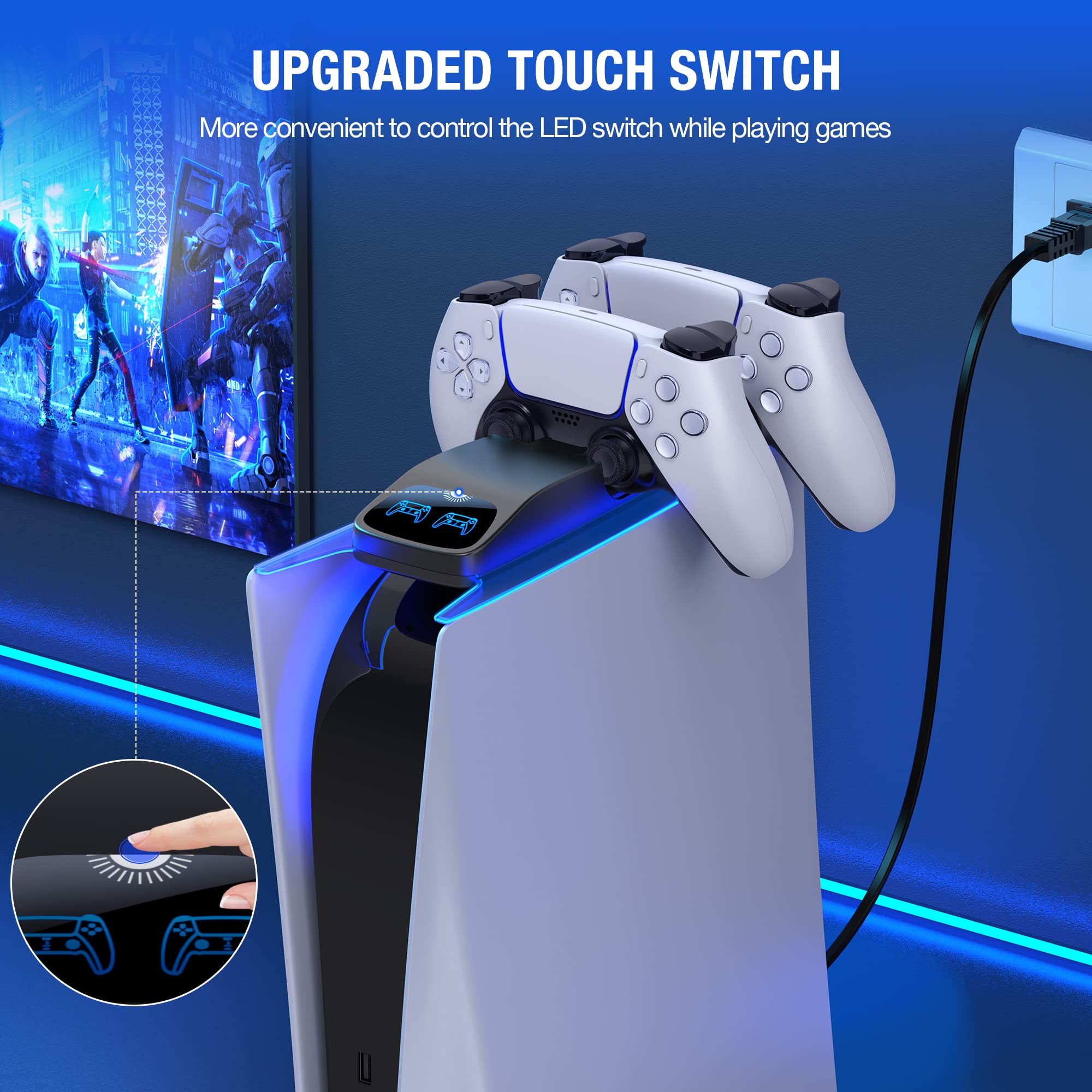 EXTREMECOOL PS5 Controller Charging Station for Dualsense, Dual PS5 Charging Station with RGB Light and Upgraded Touch Switch, PS5 Controller Accessories PS5 Controller Charger Dock on Top of Console