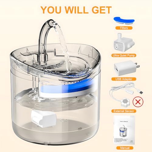 Cat Water Fountain, 67oz / 2L Automatic Dog Water Dispenser, Super Silent, Transparent Water Tank Pet Fountain for Cats Dogs Multiple Pets (with External Sensor)