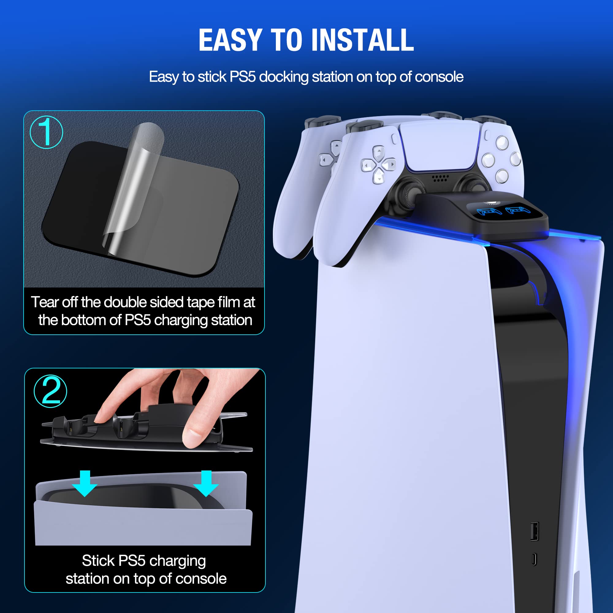 EXTREMECOOL PS5 Controller Charging Station for Dualsense, Dual PS5 Charging Station with RGB Light and Upgraded Touch Switch, PS5 Controller Accessories PS5 Controller Charger Dock on Top of Console