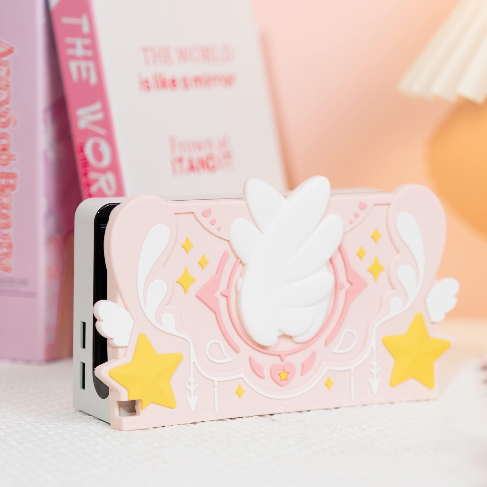 GeekShare Soft Silicone Faceplate Cover for Switch/OLED Charging Dock, Anti-Scratch Dock Cover- Star Wings Series (Pink)