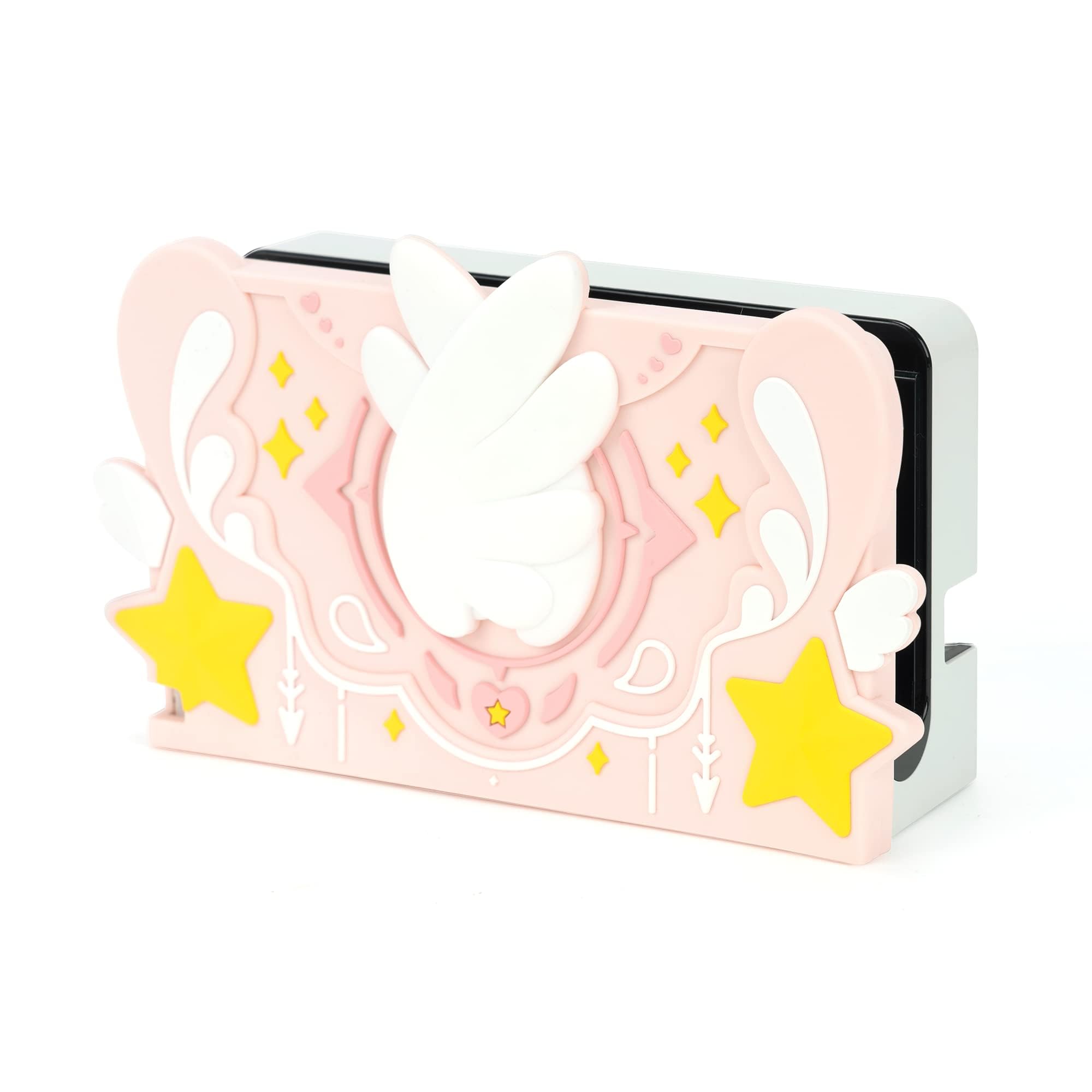 GeekShare Soft Silicone Faceplate Cover for Switch/OLED Charging Dock, Anti-Scratch Dock Cover- Star Wings Series (Pink)