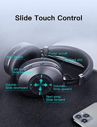 Bluedio H2 Active Noise Canceling Headphones Bluetooth Headphones with Mic Slide Control 57mm Driver Deep HiFi Bass Wireless Headphones Over Ear, 40 Hours Playtime for Travel/Work, Black