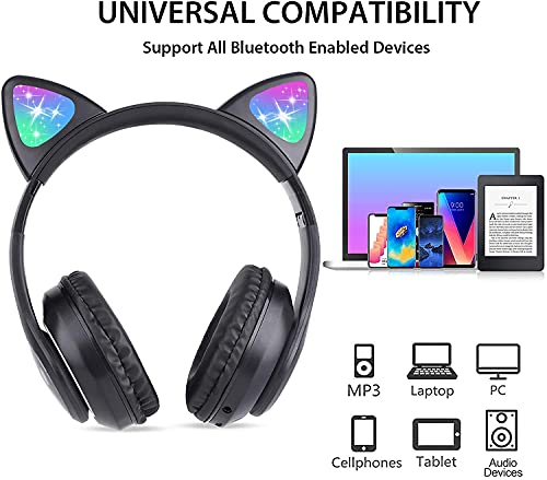 KERHAND Bluetooth Headphones for Kids, Cute Ear Cat Ear LED Light Up Foldable Headphones Stereo Over Ear with Microphone/TF Card Wireless Headphone for iPhone/iPad/Smartphone/Laptop/PC/TV (Black)