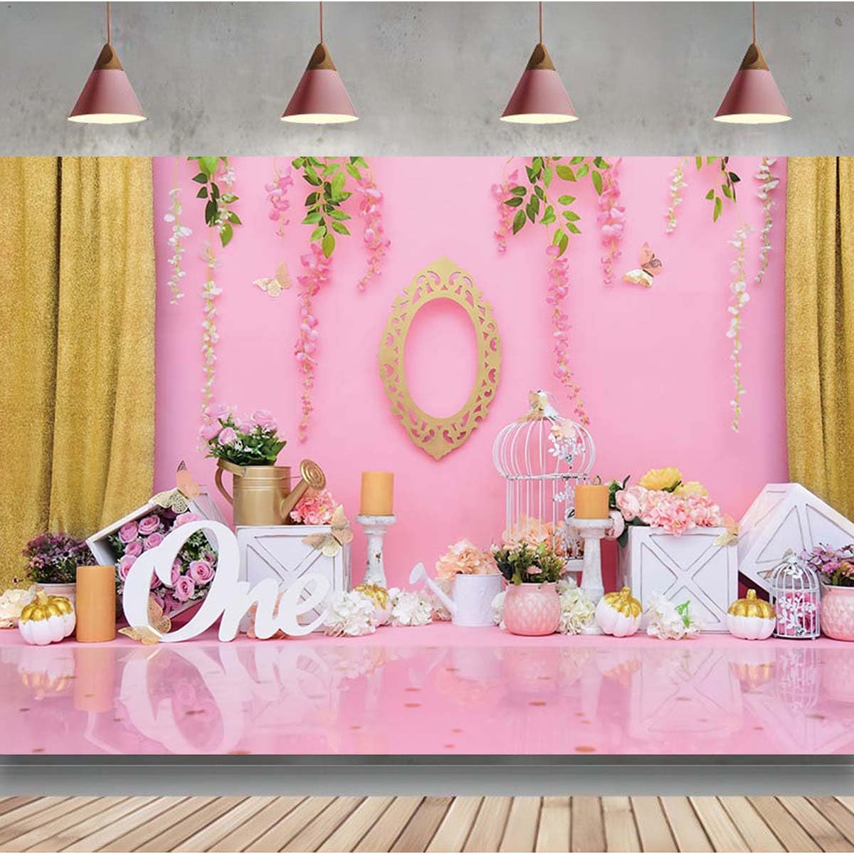 Girl 1st Birthday Photography Background Pink Floral Garden Girl Princess 1st Birthday Party Decorations Backdrop Pink Gold Girl First Birthday Party Backdrops One Year Old Cake Smash Banner (7X5FT)