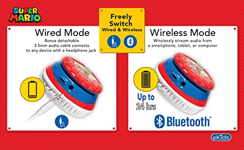 eKids Super Mario Wireless Bluetooth Portable Kids Headphones with Microphone, Volume Reduced to Protect Hearing Rechargeable Battery, Adjustable Kids Headband for School Home or Travel