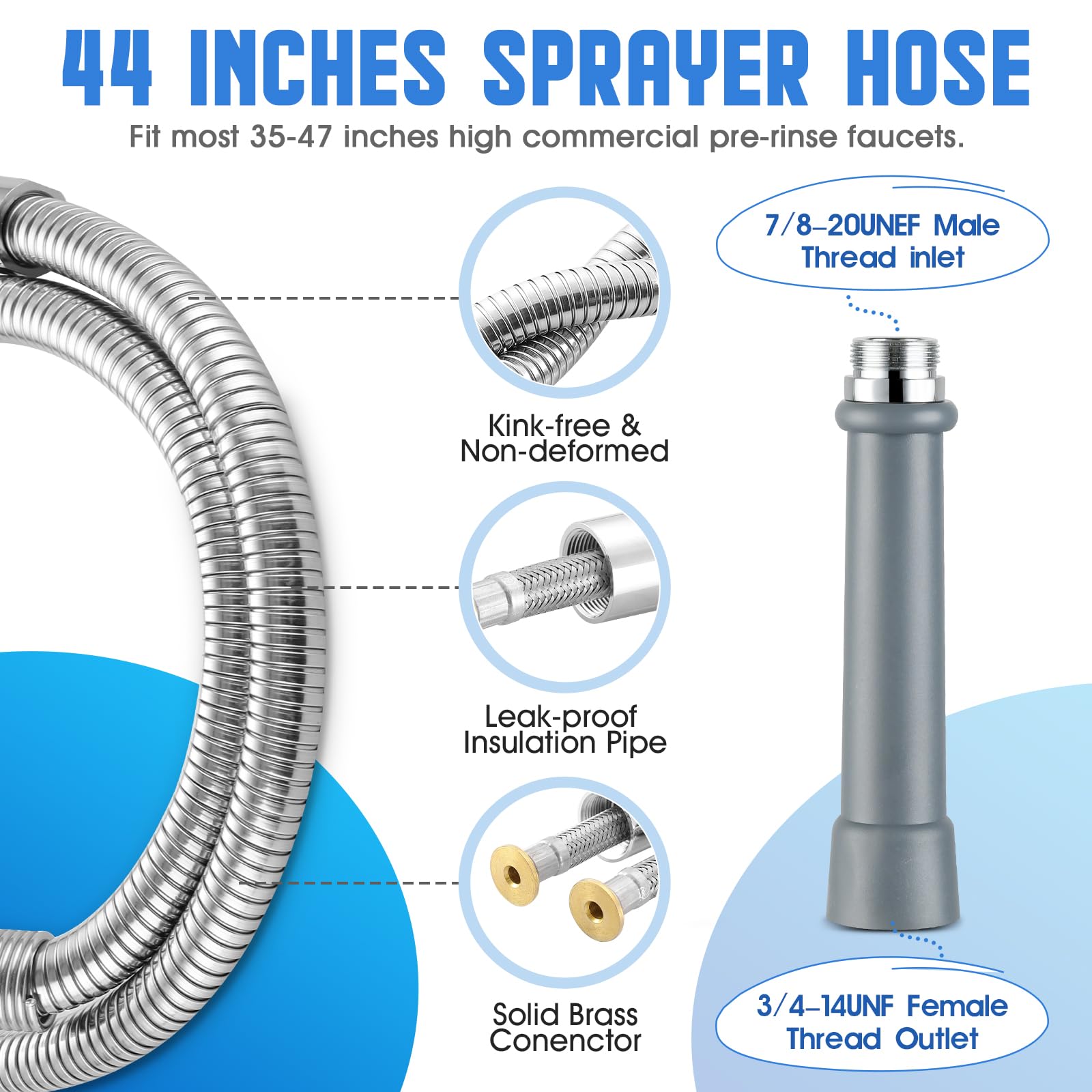 Replacement B-0044-H Pre-Rinse Hose for T&S Brass, 44 Inches Flexible Stainless Steel commercial sink sprayer Hose with Heat Resistant Gray Handle