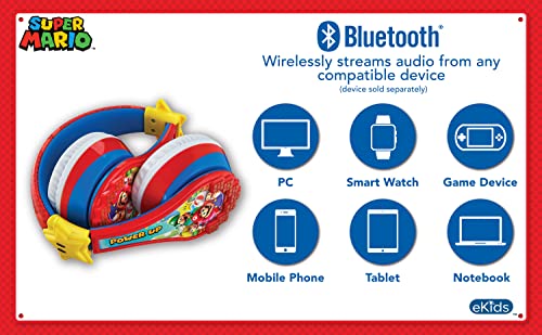 eKids Super Mario Wireless Bluetooth Portable Kids Headphones with Microphone, Volume Reduced to Protect Hearing Rechargeable Battery, Adjustable Kids Headband for School Home or Travel