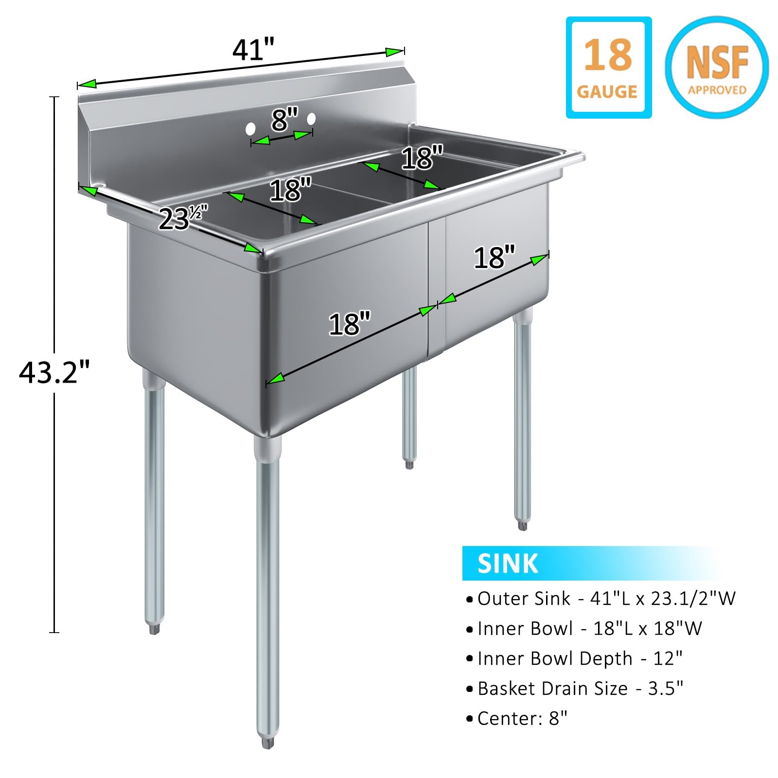 18" X 18" X 12" TWO COMPARTMENT STAINLESS STEEL COMMERCIAL KITCHEN PREP & UTILITY SINK | NSF (Without Side Drainboard)