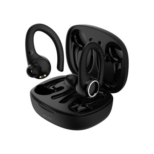 iJoy Wireless Running Headphones with Charging Case + Removable Earhook- Wireless Bluetooth Earbuds for Workouts- Bluetooth Wireless Earbuds with Charging Case- Sports Bluetooth Headphones (Black)