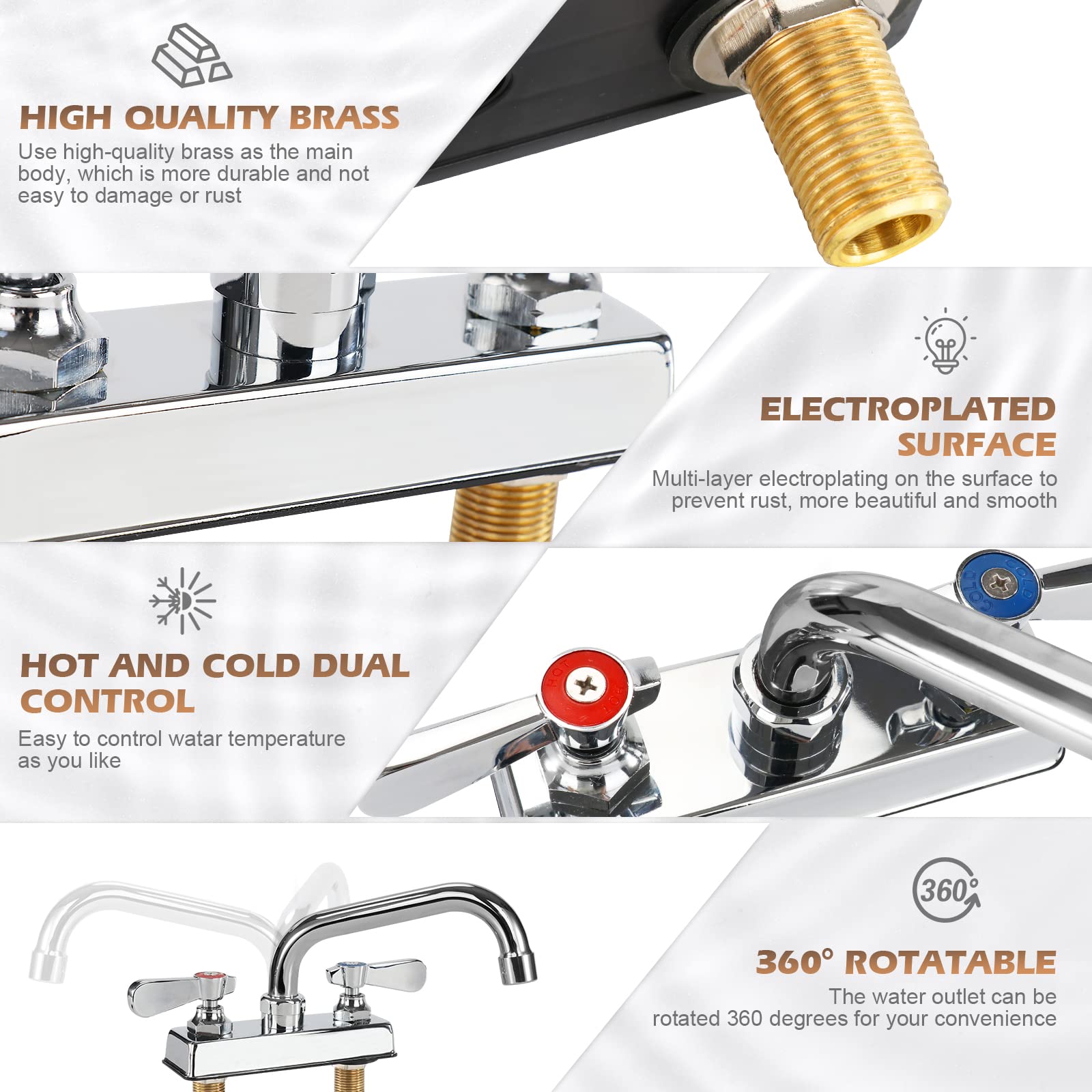 Commercial Bar Sink Faucet 4 Inch Center Deck Mount Bar Sink Faucet 2 Hole Brass Constructed & Chrome Polished with 10" Swivel Spout & Dual Lever Handles