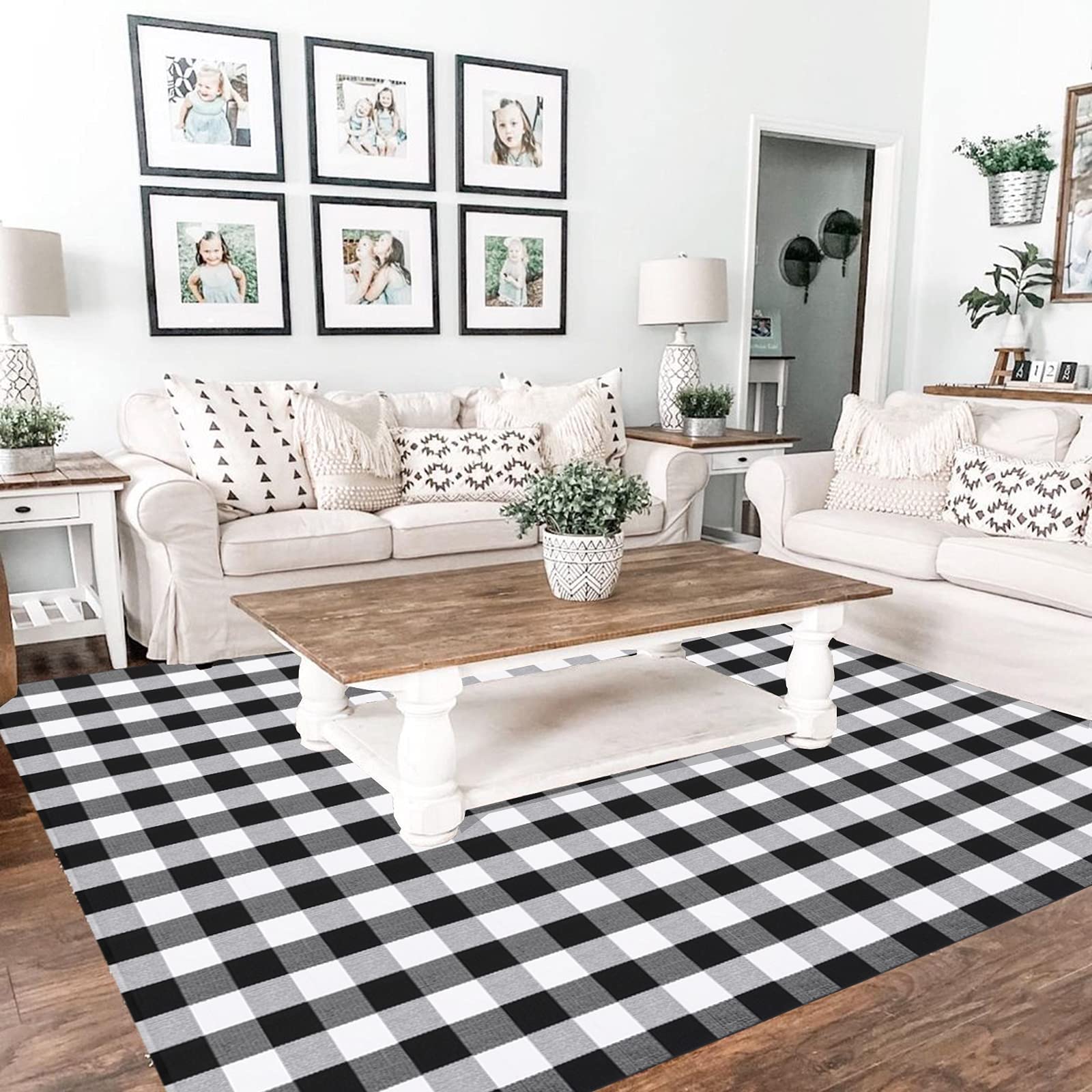 Ckorzen Cotton Buffalo Plaid Rug 8x10 FT Reversible Hand-Woven Washable Retro Lattice Checkered Outdoor Rugs Black and White Area Rug for Kitchen, Dining Room, Bedroom, Living Room