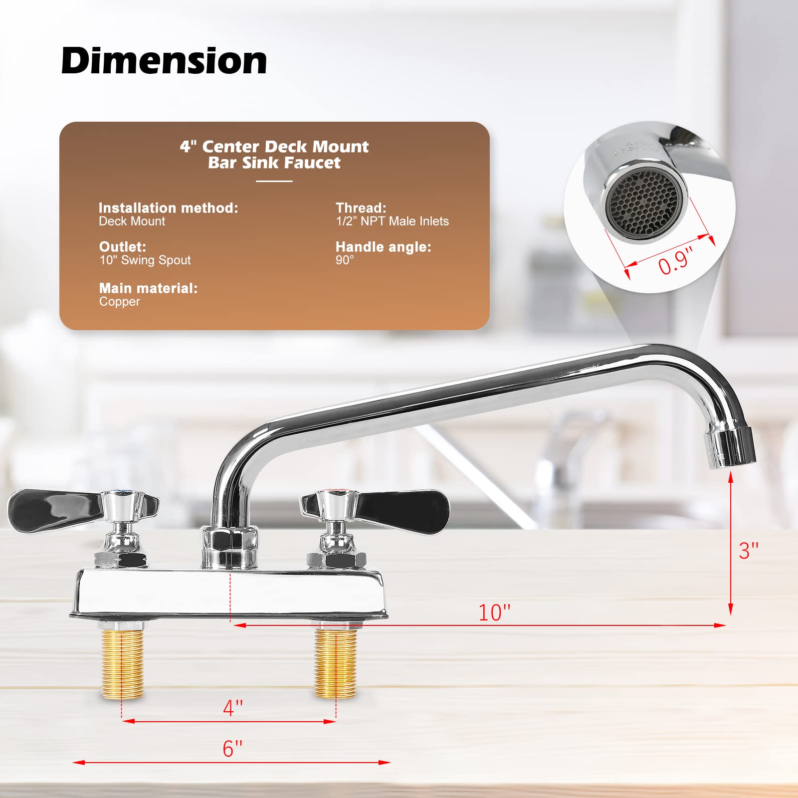 Commercial Bar Sink Faucet 4 Inch Center Deck Mount Bar Sink Faucet 2 Hole Brass Constructed & Chrome Polished with 10" Swivel Spout & Dual Lever Handles