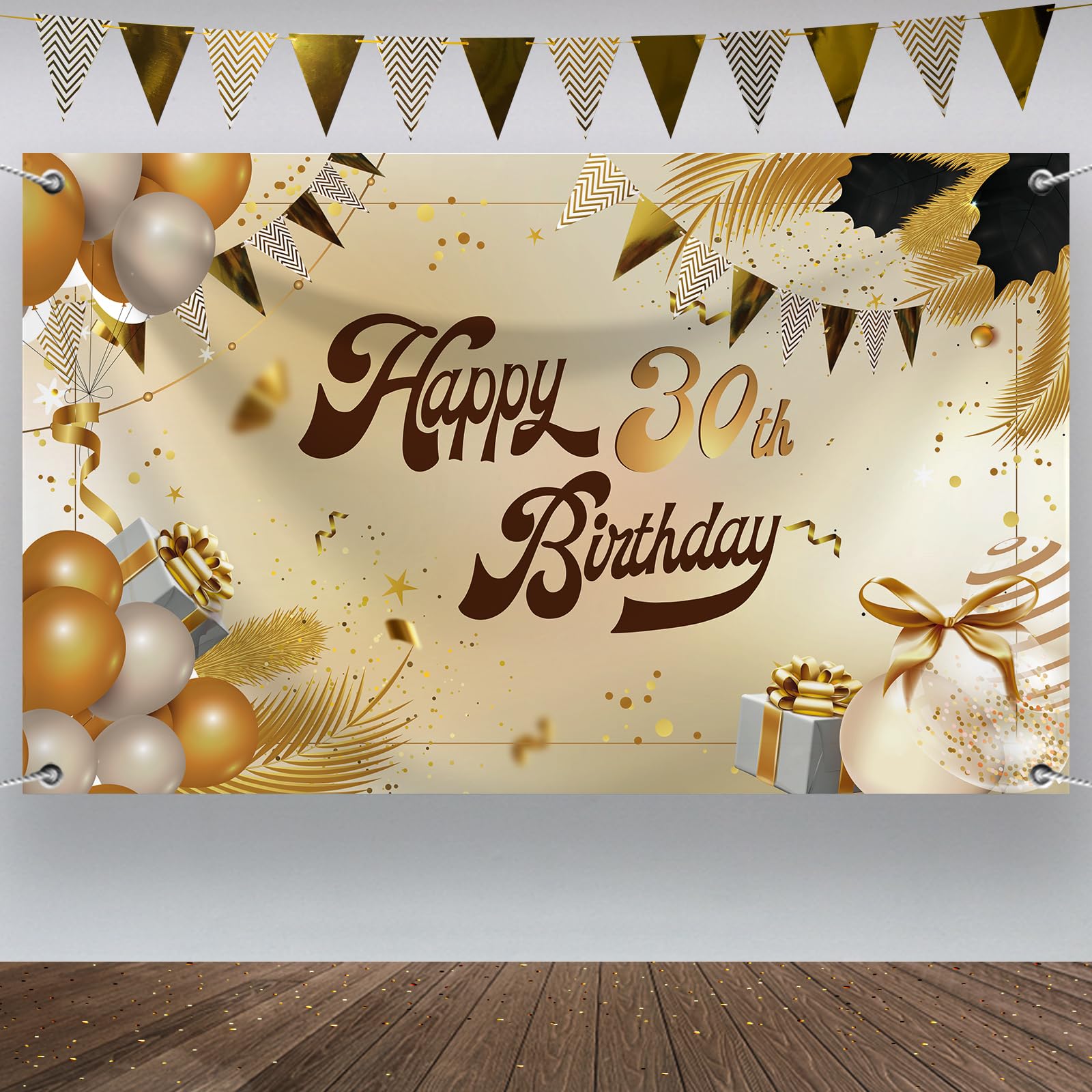 Bing-Haoze 30th Happy Birthday Backdrop Banner- 71“x 44” Gold Happy Birthday Decorations Banner Party Decorations Supplies Photo Background for Men Women Birthday Party