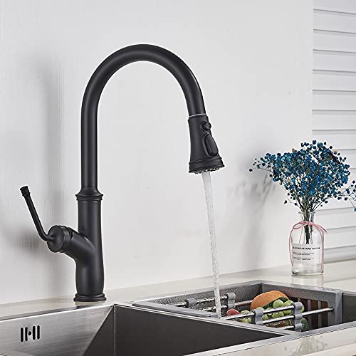 Kitchen Sink Faucet for Bar Farmhouse Commercial, Black Kitchen Faucet, 2-Way Pull Out Hot Cold Mixer Crane Tap, Free Rotatable Deck Mounted Single Handle One Hole Facuets (Color : Black)