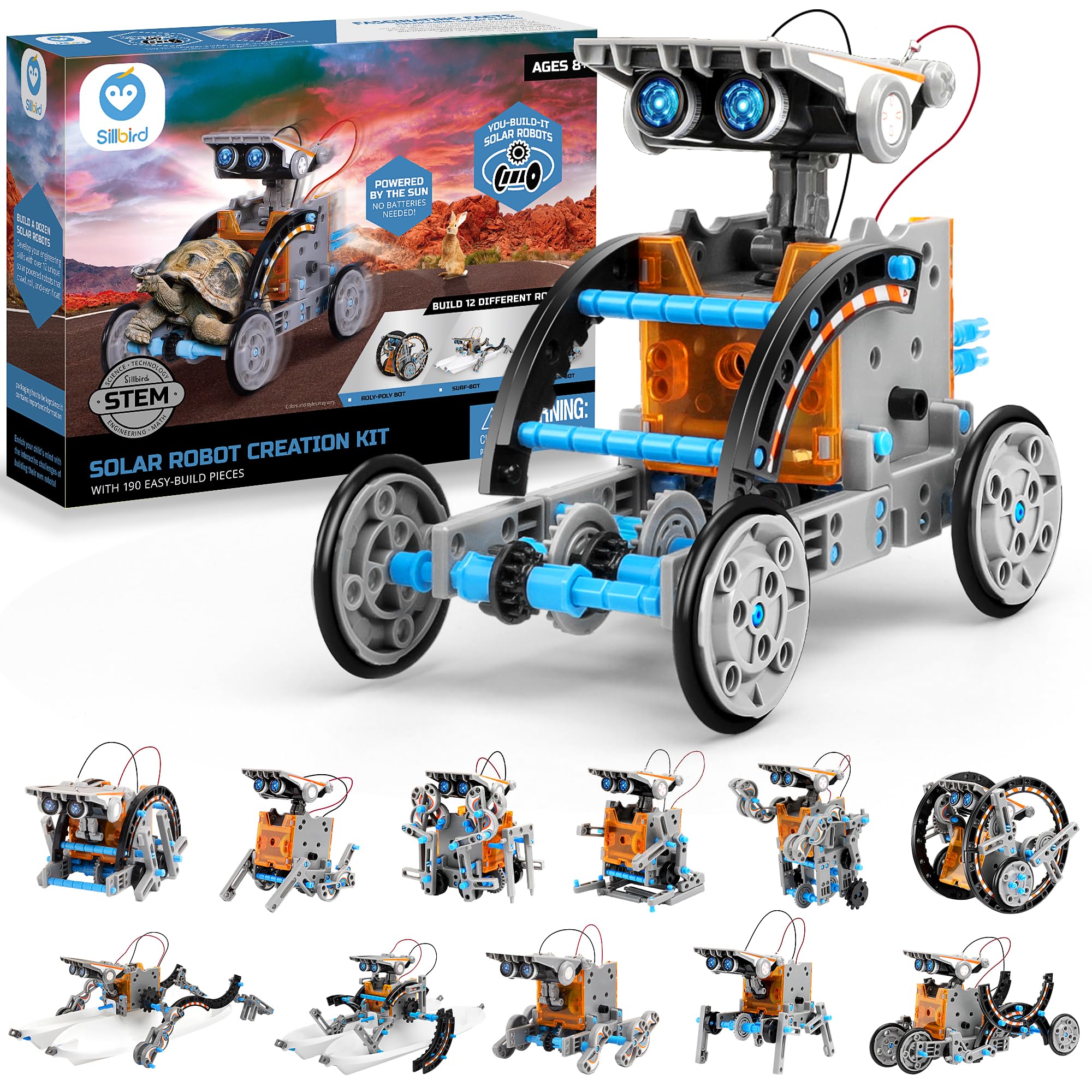 Sillbird STEM 12-in-1 Education Solar Robot Toys -190 Pieces DIY Building Science Experiment Kit for Kids Aged 8-10 and Older,Solar Powered by The Sun