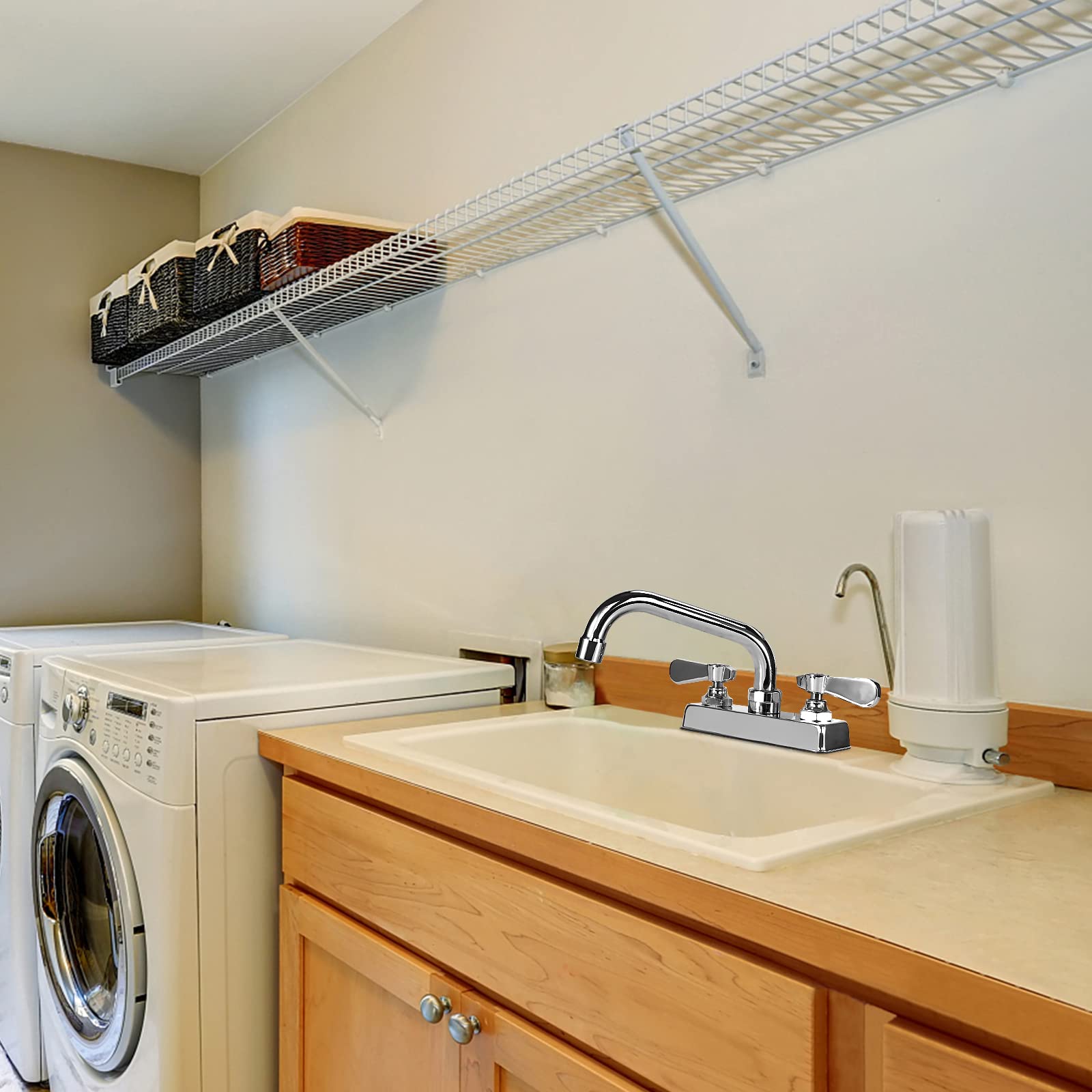 Commercial Bar Sink Faucet 4 Inch Center Deck Mount Bar Sink Faucet 2 Hole Brass Constructed & Chrome Polished with 10" Swivel Spout & Dual Lever Handles