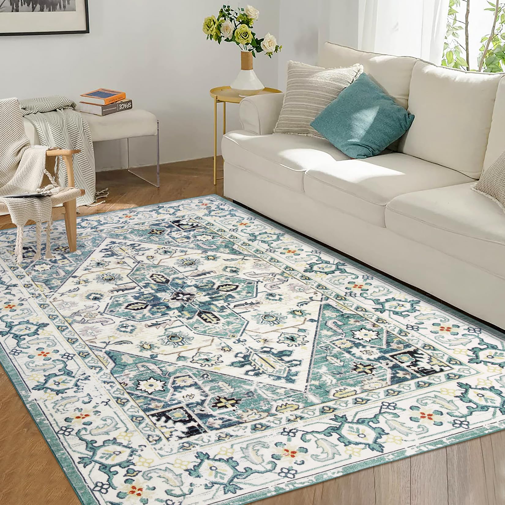 Zacoo Tribal Area Rug 8x10 for Living Room Washable Rugs Oriental Carpet Distressed Non Slip Rug Throw Rugs Non Slip Rugs for Bedroom Green Rug Floor Mats Vintage Rug for Office Classroom, Green