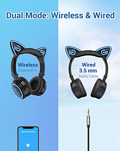 MindKoo Cat Ear Bluetooth Headphones with Microphone, LED Light Up Over Ear Headphones, Volume Control and Foldable Headset for Tablet/PC/iPad/Cell Phones, Gift for Kids Boys & Girls