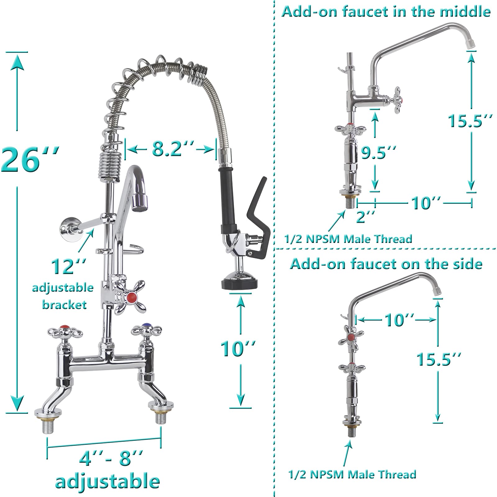 YooGyy Commercial Sink Pre-Rinse Sprayer 4-8 Inch Center Deck Mount 26’’ Height Kitchen Faucet, Dual Hole Dual Handles with High Pressure Pull Down Spray Valve and 10’’ Add on Spout