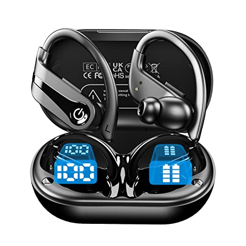 Wireless Earbuds Bluetooth Ear Buds with Mic, 72H Wireless Headphones Bluetooth 5.3 Sport Earbuds Digital LED Display, IPX7 Waterproof Over Ear Earphones with Hooks for Sports Running Workout Gym