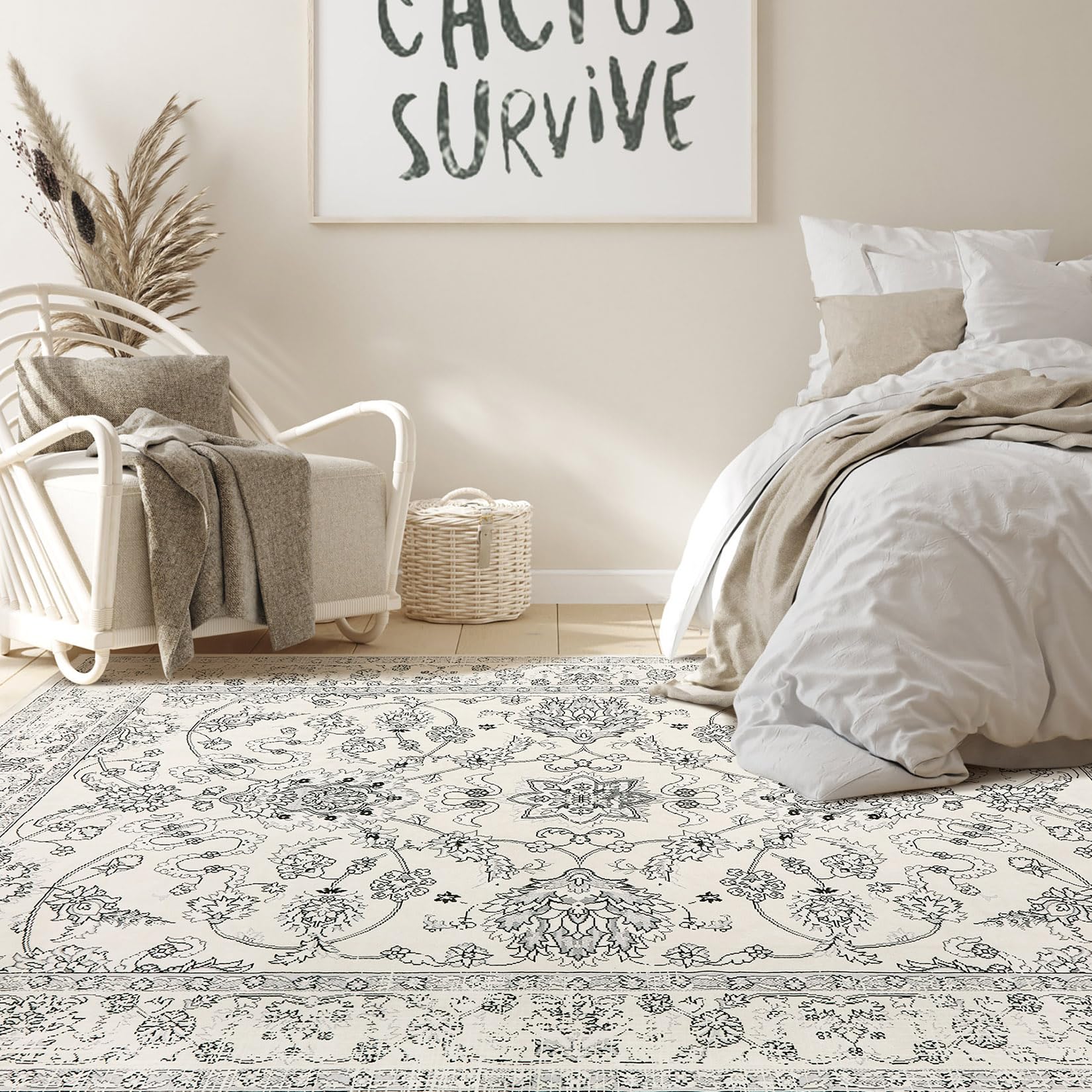 Area Rug Living Room Rugs - 8x10 Large Machine Washable Soft Farmhouse Boho Moroccan Floral Thin Rug Indoor Floor Carpet for Bedroom Under Dining Table Home Office Decor - Grey