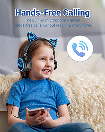 MindKoo Cat Ear Bluetooth Headphones with Microphone, LED Light Up Over Ear Headphones, Volume Control and Foldable Headset for Tablet/PC/iPad/Cell Phones, Gift for Kids Boys & Girls