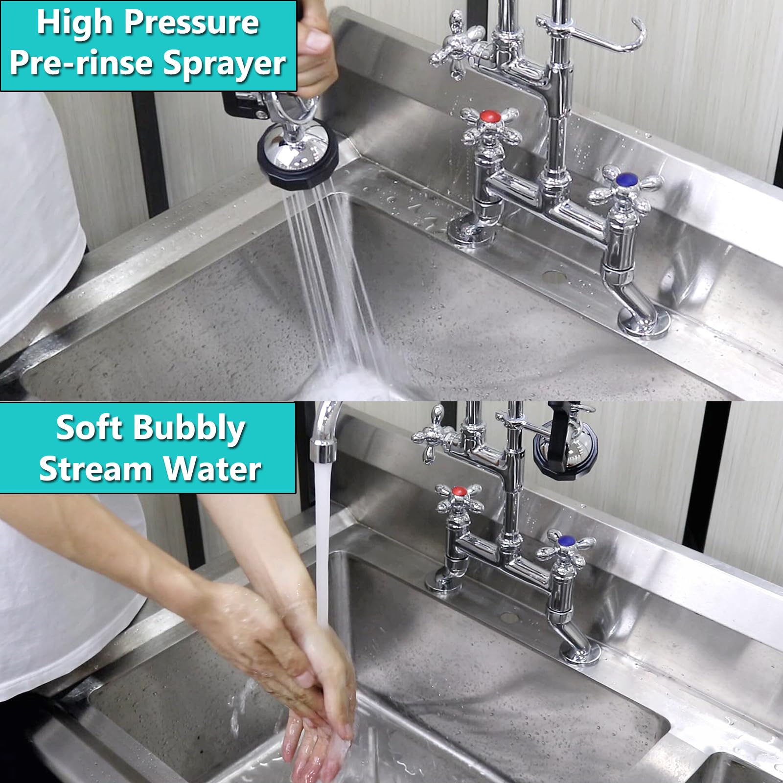 YooGyy Commercial Sink Pre-Rinse Sprayer 4-8 Inch Center Deck Mount 26’’ Height Kitchen Faucet, Dual Hole Dual Handles with High Pressure Pull Down Spray Valve and 10’’ Add on Spout