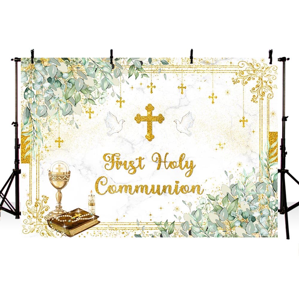 AIBIIN 7x5ft Greenery Baptism Backdrop First Holy Communion Christening Party Decorations Gold Eucalyptus God Bless Mi Bautizo Party Banner Photo Studio Props