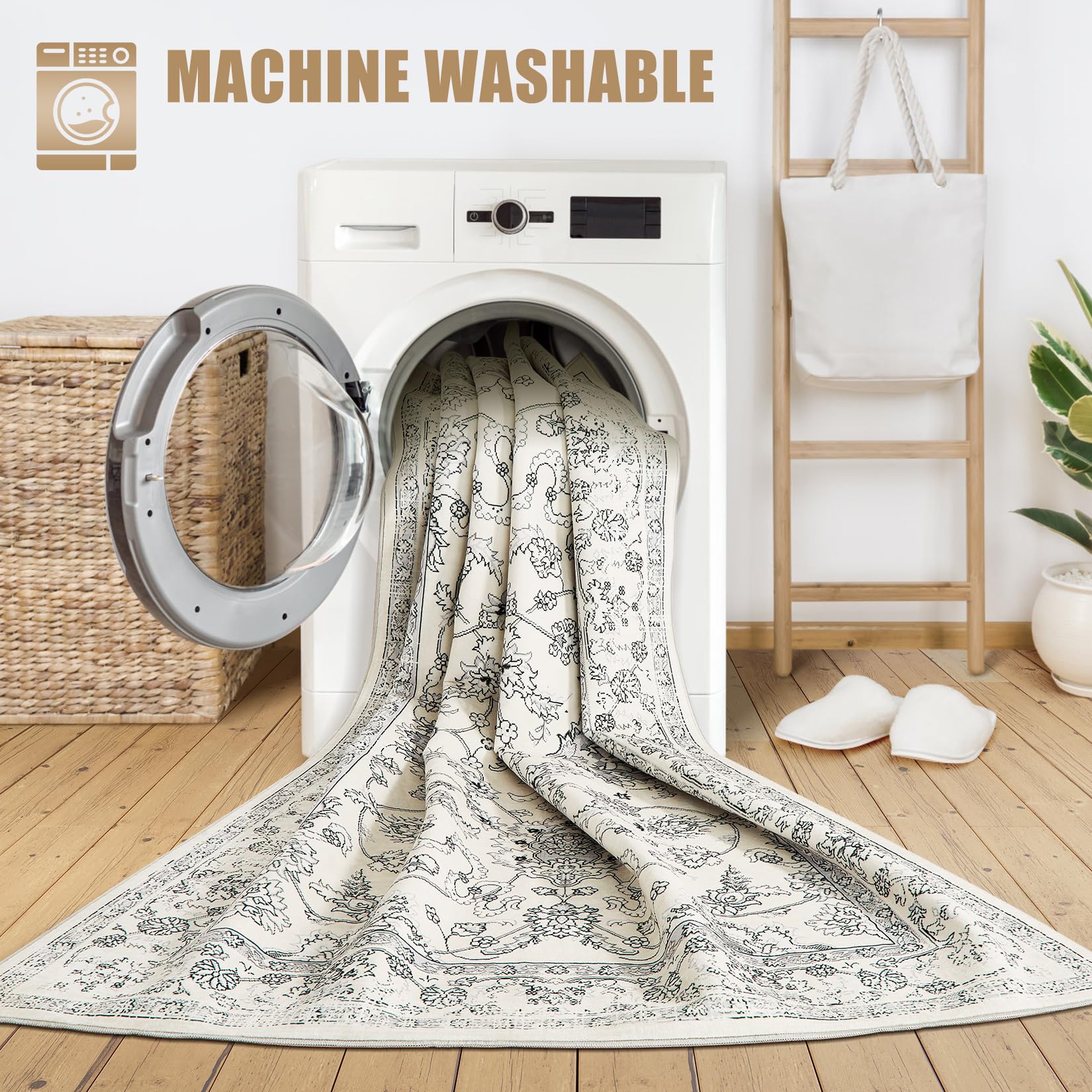Area Rug Living Room Rugs - 8x10 Large Machine Washable Soft Farmhouse Boho Moroccan Floral Thin Rug Indoor Floor Carpet for Bedroom Under Dining Table Home Office Decor - Grey