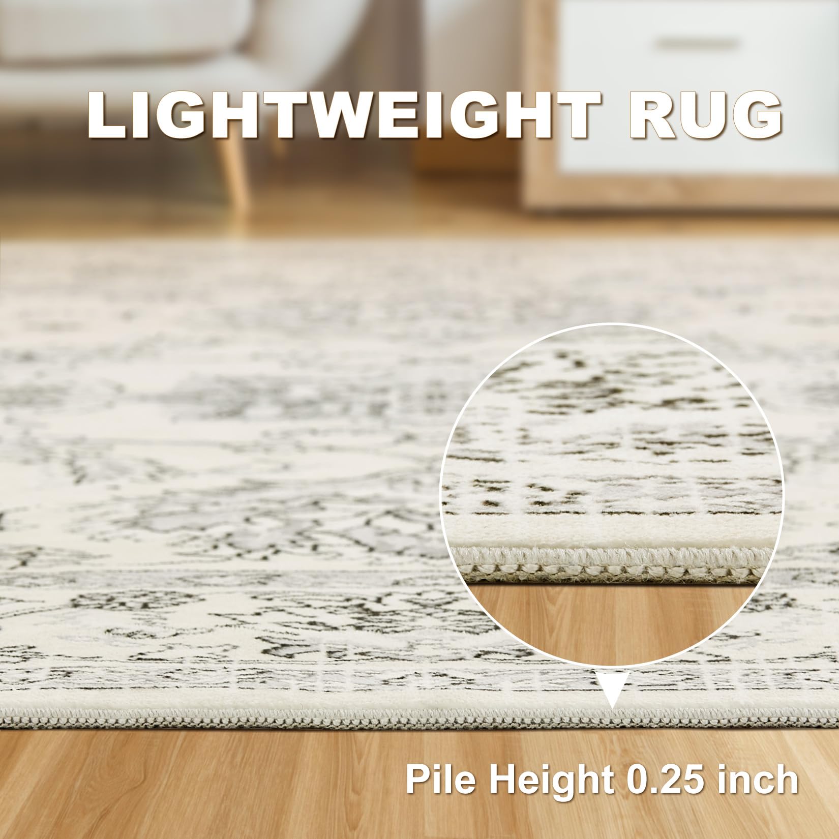 Area Rug Living Room Rugs - 8x10 Large Machine Washable Soft Farmhouse Boho Moroccan Floral Thin Rug Indoor Floor Carpet for Bedroom Under Dining Table Home Office Decor - Grey