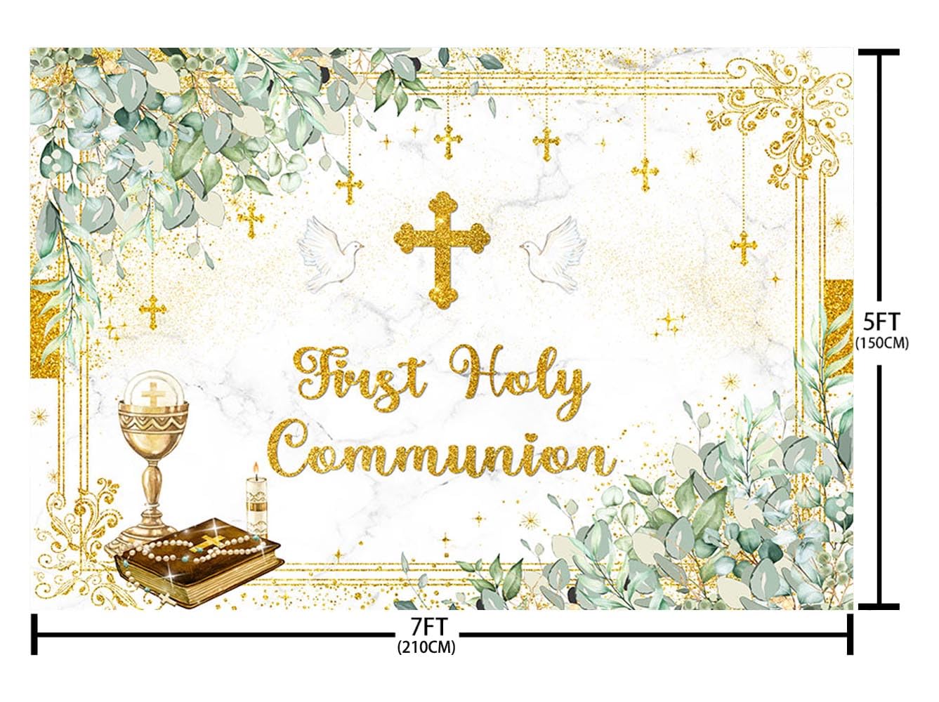 AIBIIN 7x5ft Greenery Baptism Backdrop First Holy Communion Christening Party Decorations Gold Eucalyptus God Bless Mi Bautizo Party Banner Photo Studio Props