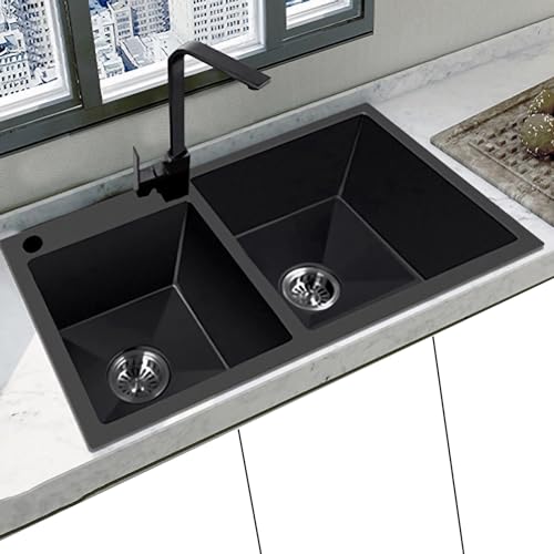 Nano Commercial Restaurant Sink, Stainless Steel Kitchen Sink, Dish Basin, Undermount Or Countertop Large Handmade Double Bowl Sink, with Full Set of Accessories, Black (Color : C, Size : W90xD43cmx