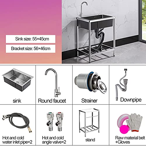 EMENG Commercial Sink with Faucet Stainless Steel Catering Sink Multifunctional Kitchen Wash Sink, Removable Storage Shelf, 2.0mm Thick, 56×46×75cm