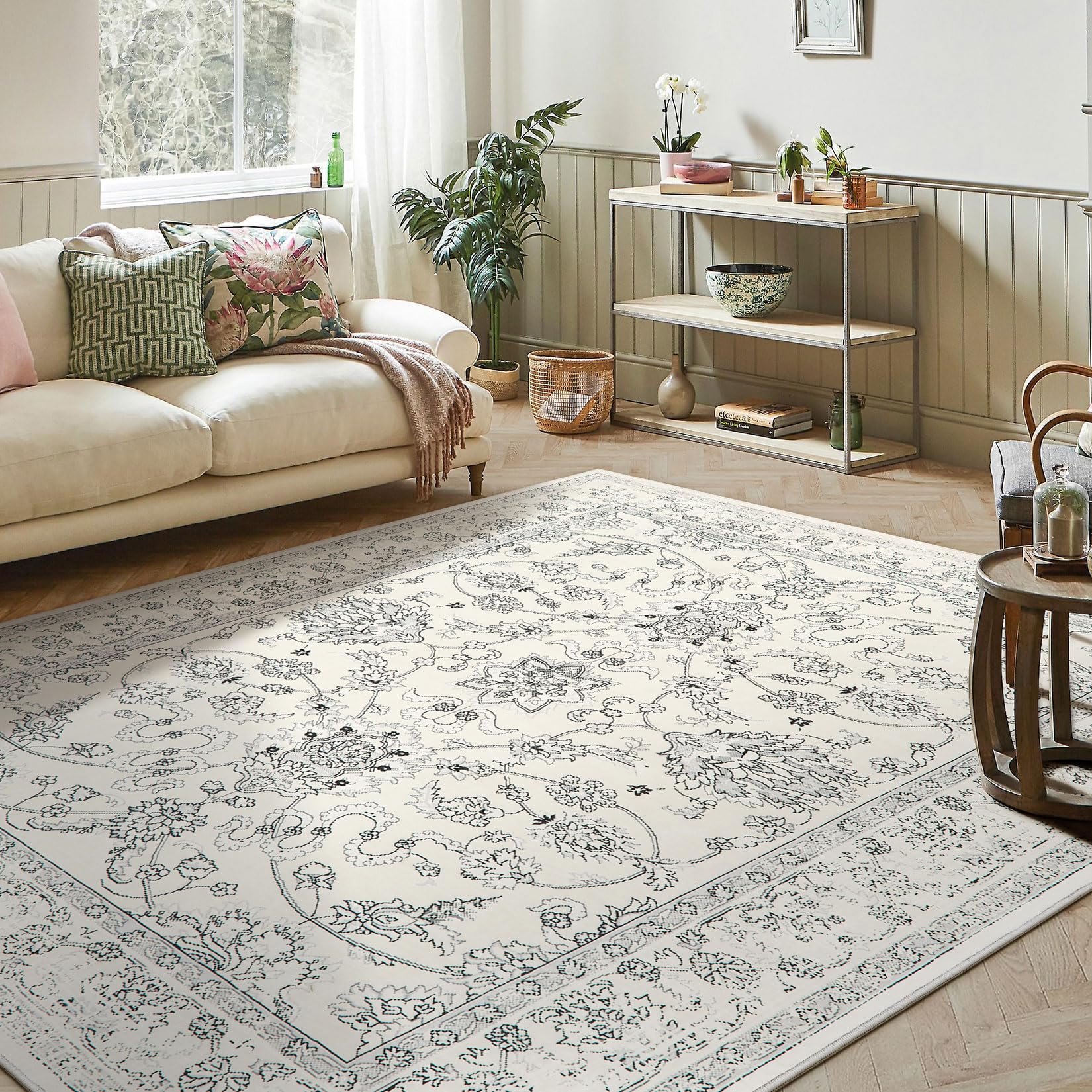 Area Rug Living Room Rugs - 8x10 Large Machine Washable Soft Farmhouse Boho Moroccan Floral Thin Rug Indoor Floor Carpet for Bedroom Under Dining Table Home Office Decor - Grey
