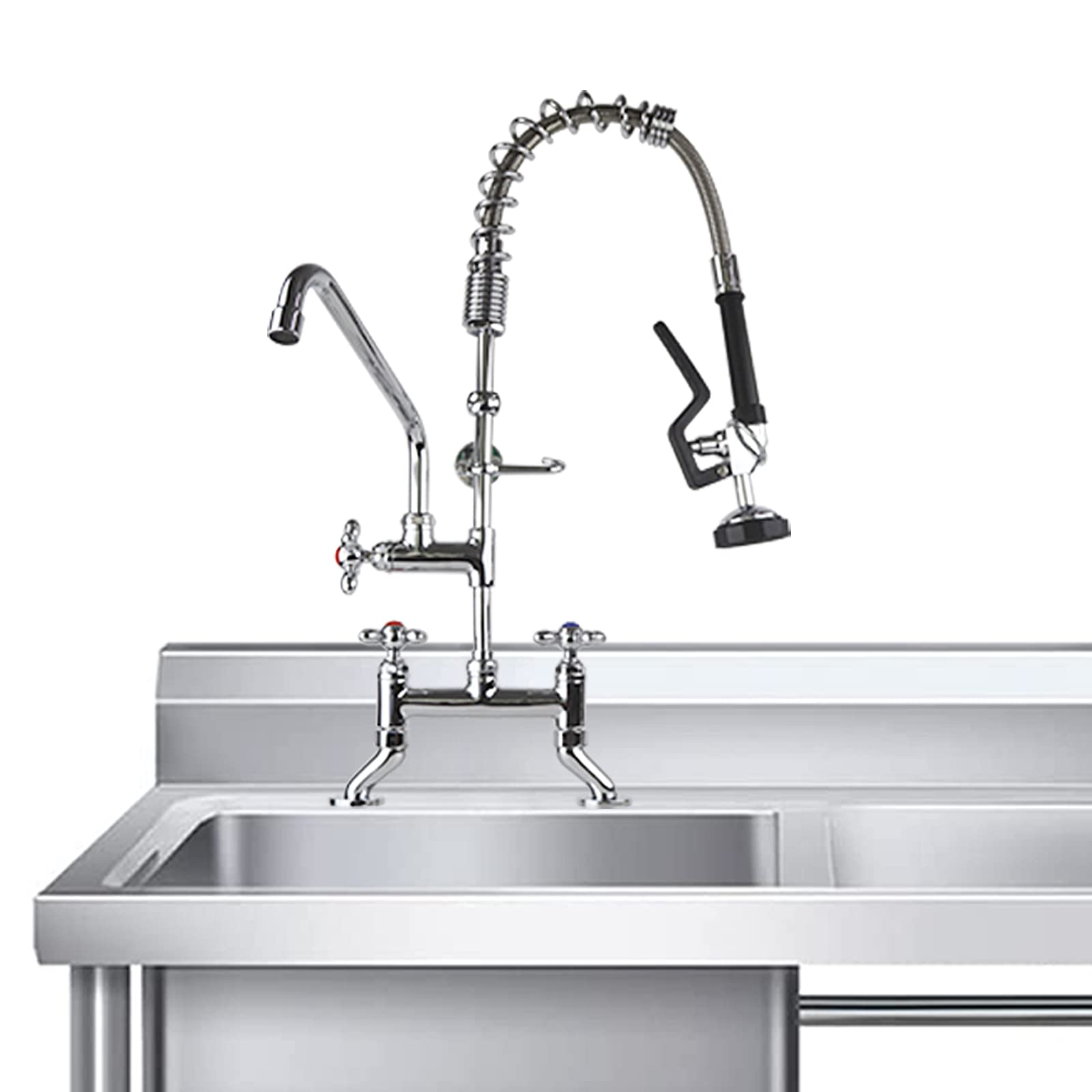 YooGyy Commercial Sink Pre-Rinse Sprayer 4-8 Inch Center Deck Mount 26’’ Height Kitchen Faucet, Dual Hole Dual Handles with High Pressure Pull Down Spray Valve and 10’’ Add on Spout