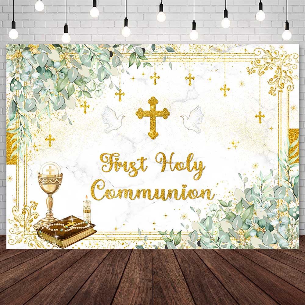 AIBIIN 7x5ft Greenery Baptism Backdrop First Holy Communion Christening Party Decorations Gold Eucalyptus God Bless Mi Bautizo Party Banner Photo Studio Props
