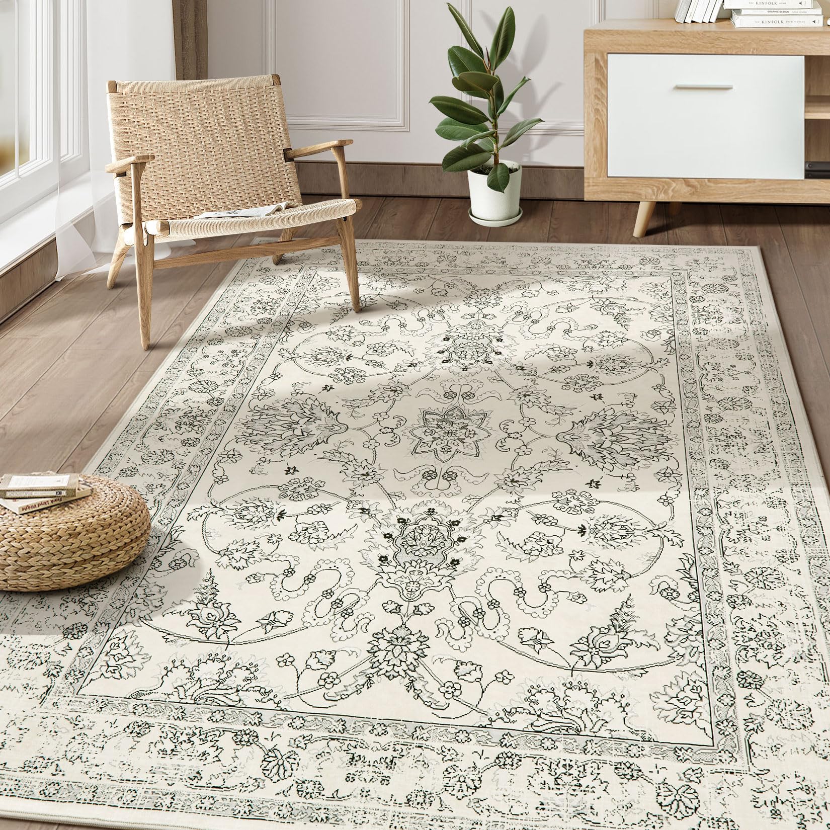Area Rug Living Room Rugs - 8x10 Large Machine Washable Soft Farmhouse Boho Moroccan Floral Thin Rug Indoor Floor Carpet for Bedroom Under Dining Table Home Office Decor - Grey