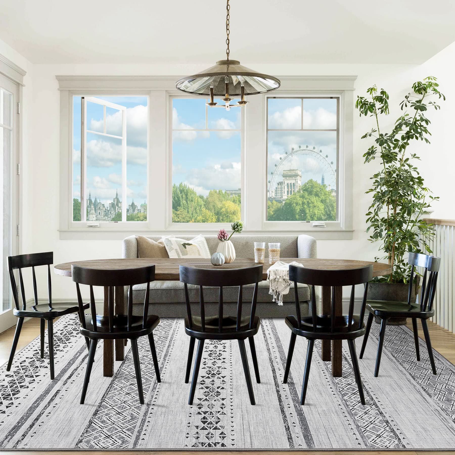 8x10 Area Rugs for Living Room Bedroom: Large Machine Washable Rug with Non-Slip Backing Non Shedding Stain Resistant, Soft Geometric Moroccan Carpet for Dining Room Nursery Home Office - Gray/Ivory