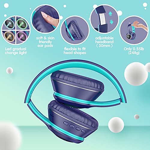 FFZ Kids Bluetooth Headphones, Kids Wireless Headphones, Headphones for Kids for School, Built-in Microphone, Colorful LED Lights, Foldable Headset, for Ipad/Tablet/Car/Airplane(Navy Blue)