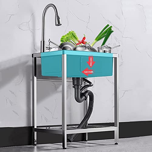 EMENG Commercial Sink with Faucet Stainless Steel Catering Sink Multifunctional Kitchen Wash Sink, Removable Storage Shelf, 2.0mm Thick, 56×46×75cm
