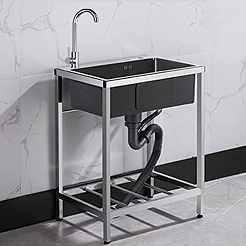 EMENG Commercial Sink with Faucet Stainless Steel Catering Sink Multifunctional Kitchen Wash Sink, Removable Storage Shelf, 2.0mm Thick, 56×46×75cm