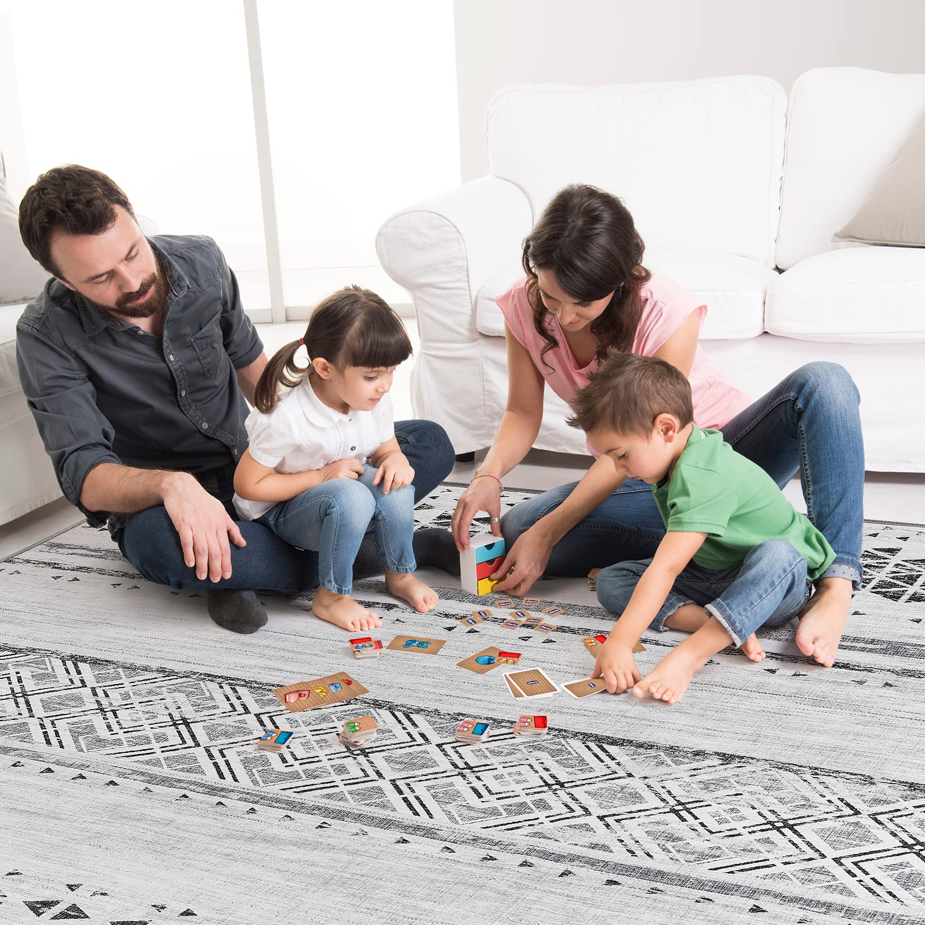 8x10 Area Rugs for Living Room Bedroom: Large Machine Washable Rug with Non-Slip Backing Non Shedding Stain Resistant, Soft Geometric Moroccan Carpet for Dining Room Nursery Home Office - Gray/Ivory