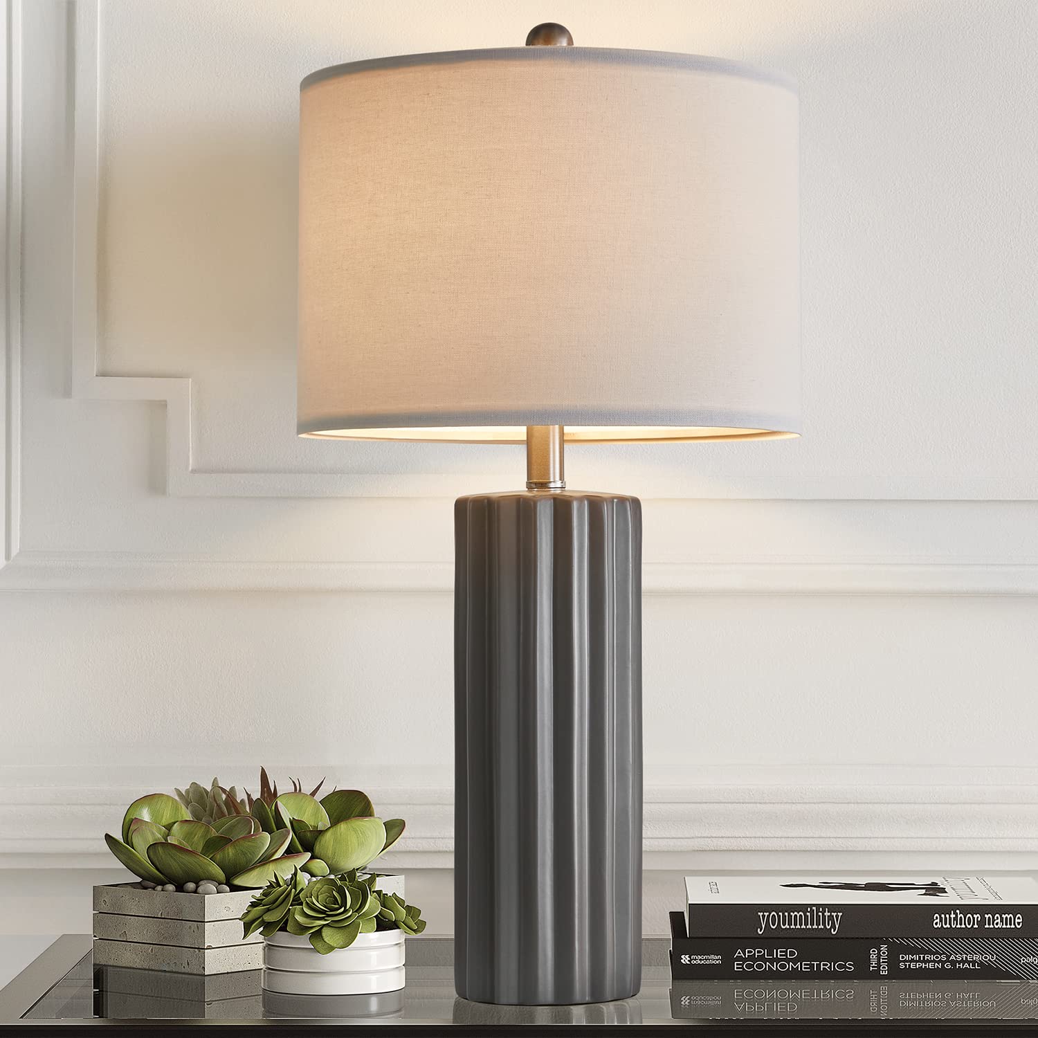 Oneach 25'' Farmhouse Ceramic Table Lamp Set of 2 for Bedroom Living Room House Decor Deep Charcoal Grey Desk Lamps Home Office Dorm Rustic Modern Style Lamp