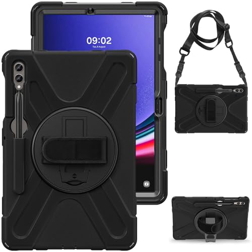 for Samsung Galaxy Tab S7 FE SM-T730 T733 T736 Case 12.4 inch Tablet Case 3 in 1 Hard Plastic Frame + Double Silicone [Hand Strap & Shoulder Strapp] - H
