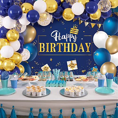 Rubfac Navy Blue Birthday Decorations Happy Birthday Backdrop with 70pc Navy Blue Gold and White Balloon Garland Kit Photo Backdrop Background for Birthday Party Decoration Supplies