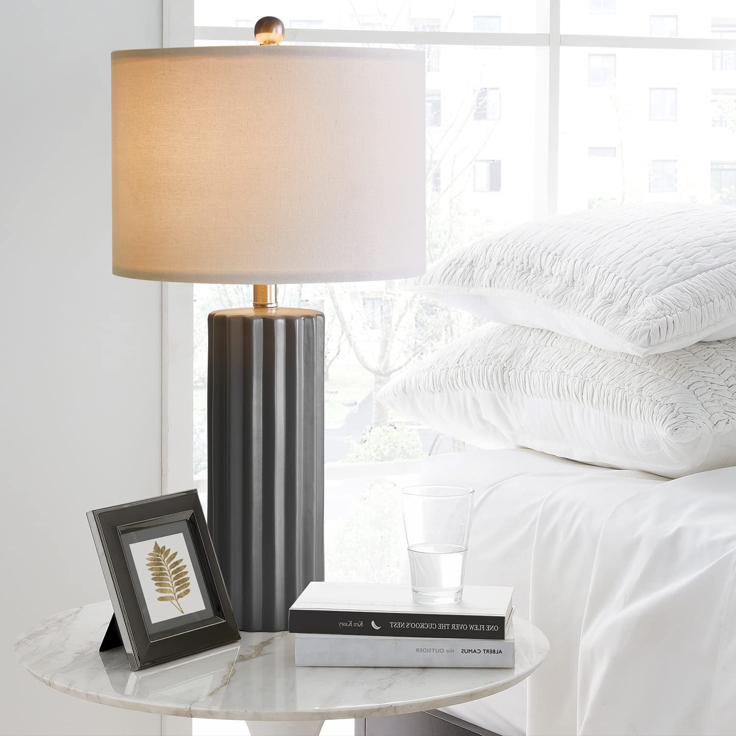 Oneach 25'' Farmhouse Ceramic Table Lamp Set of 2 for Bedroom Living Room House Decor Deep Charcoal Grey Desk Lamps Home Office Dorm Rustic Modern Style Lamp